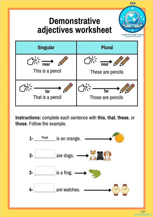 Demonstrative adjectives worksheet. Interactive worksheet | TopWorksheets