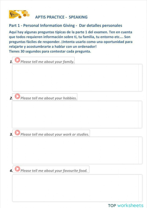 Aptis speaking part 1 - 1. Interactive worksheet | TopWorksheets