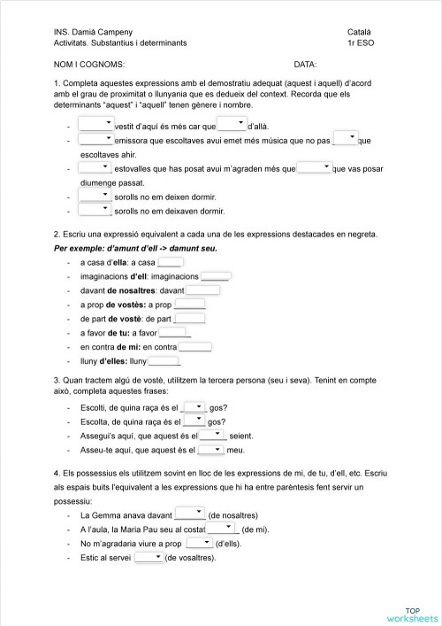 DETERMINANTS 1. Fitxa interactiva | TopWorksheets