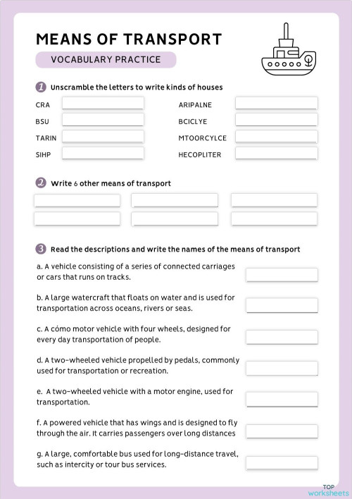 means of transport B1. Interactive worksheet | TopWorksheets