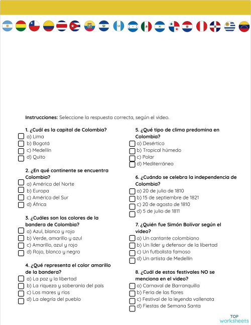 Todo sobre COLOMBIA. Ficha interactiva | TopWorksheets