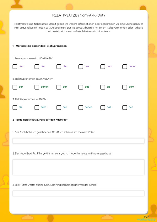 RELATIVSÄTZE (Nom-Akk.-Dat). Interaktives Arbeitsblatt | TopWorksheets