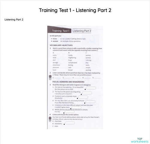 Training Test 1 - Listening Part 2. Interactive worksheet | TopWorksheets