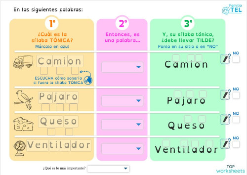 Sílabas tónicas y tildes (TEL y NEE). Ficha interactiva | TopWorksheets