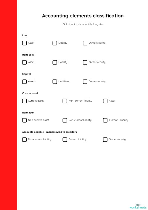 Accounting elements classification. Interactive worksheet | TopWorksheets