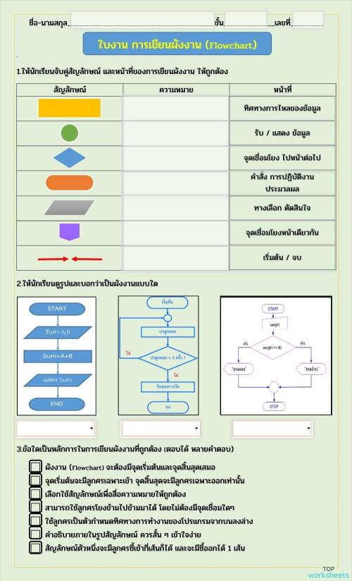 การเขียนผังงาน Flowchart ใบงานเชิงโต้ตอบ | TopWorksheets