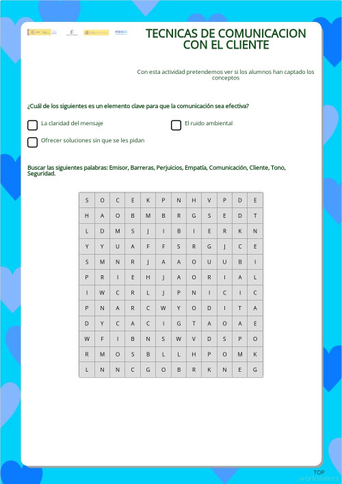TECNICAS DE COMUNICACION CON EL CLIENTE. Ficha interactiva | TopWorksheets