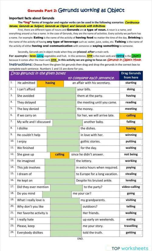Gerunds In Object Mode.. Interactive worksheet | TopWorksheets