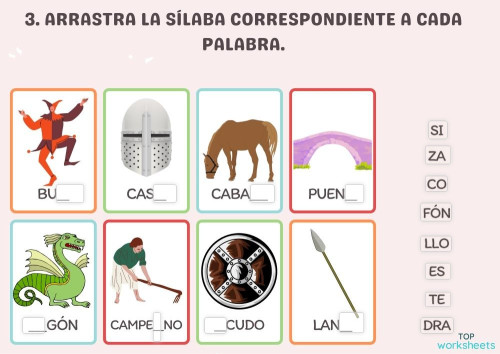 3. Arrastra la sílaba correspondiente a cada palabra. Ficha interactiva ...