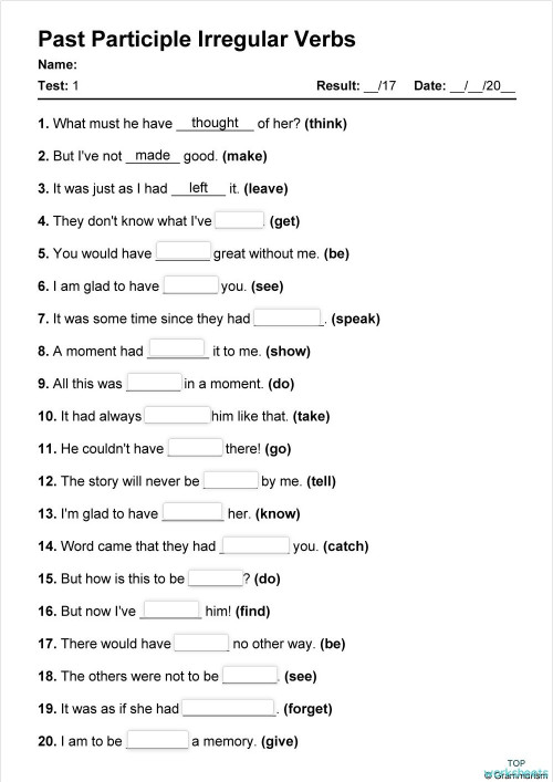 Past Participle Irregular Verbs. Interactive worksheet | TopWorksheets