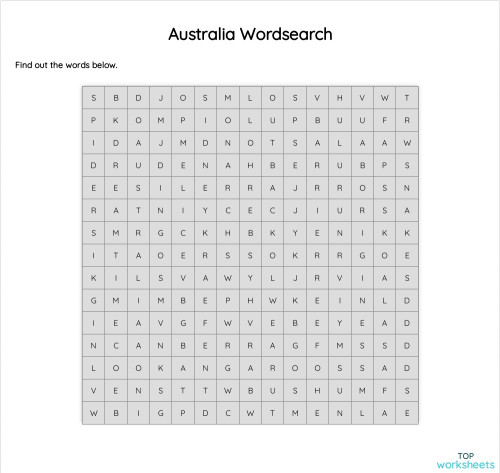 Australia Wordsearch. Interactive worksheet | TopWorksheets