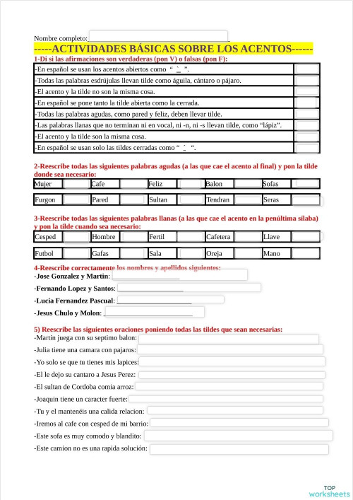 ACTICIDADES BÁSICAS DE ACENTUACIÓN ESPAÑOLA. Ficha interactiva ...