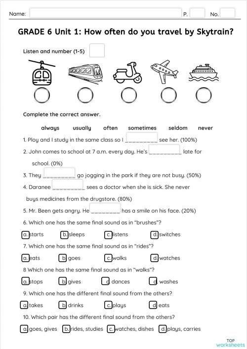 P.6 Unit 1 Transportation Test. Interactive worksheet | TopWorksheets
