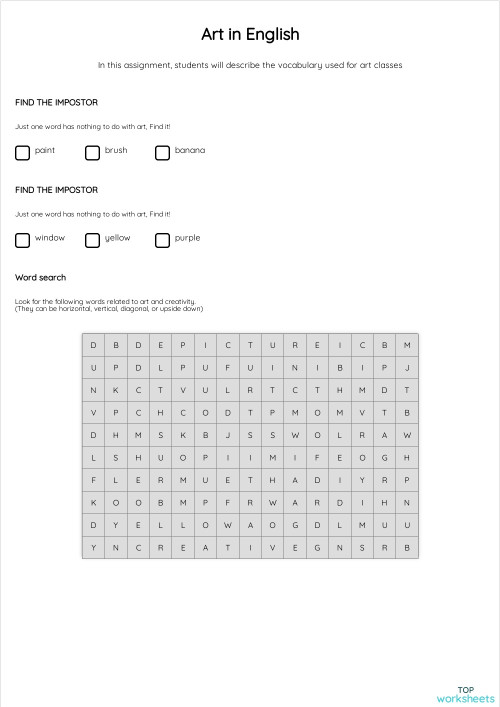 Art in English. Interactive worksheet | TopWorksheets
