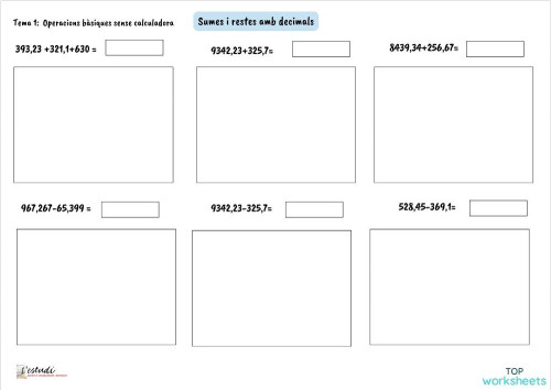 Sumes i restes decimals. Fitxa interactiva | TopWorksheets