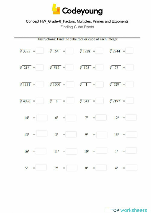Finding Cube Roots Concept HW. Interactive worksheet | TopWorksheets