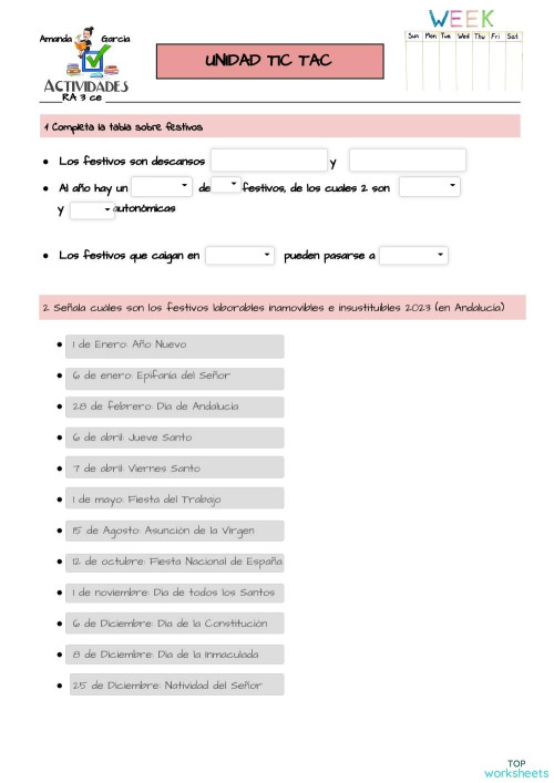 ACTIV 5: FESTIVOS Y VACACIONES. Ficha interactiva | TopWorksheets