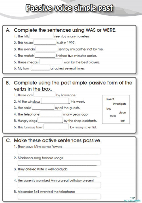 Passive Voice - Past Simple (Resource 6). Interactive worksheet ...