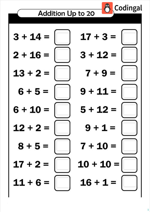 M_G01M07L15_WA01_Addition Upto 20 horizontal. Interactive worksheet | TopWorksheets