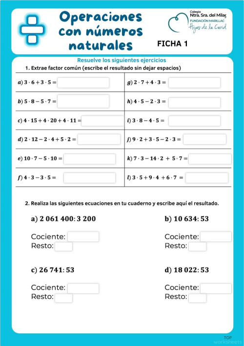 Operaciones con números naturales. Ficha interactiva | TopWorksheets