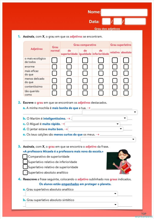 Grau dos adjetivos. Ficha interativa | TopWorksheets