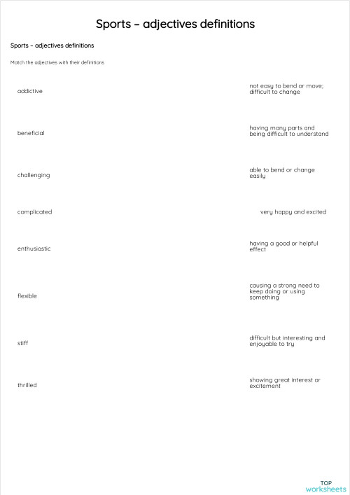 Sports – adjectives definitions. Interactive worksheet | TopWorksheets
