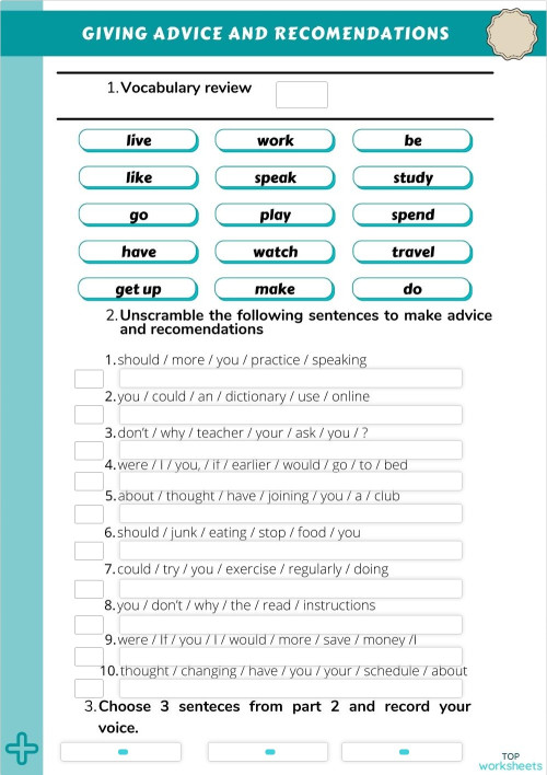 Advice and recomendations: interactive worksheets and online exercises ...
