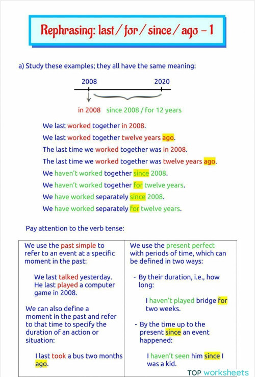 Rephrasing: last, for, since, ago - 1. Interactive worksheet ...