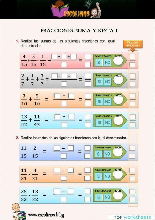 Fracciones. Suma y resta I. Ficha interactiva | TopWorksheets