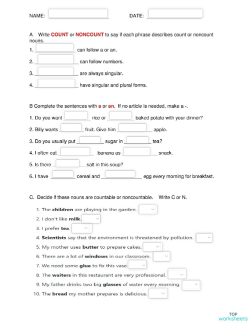 COUNT AND NONCOUNT NOUNS. Interactive worksheet | TopWorksheets