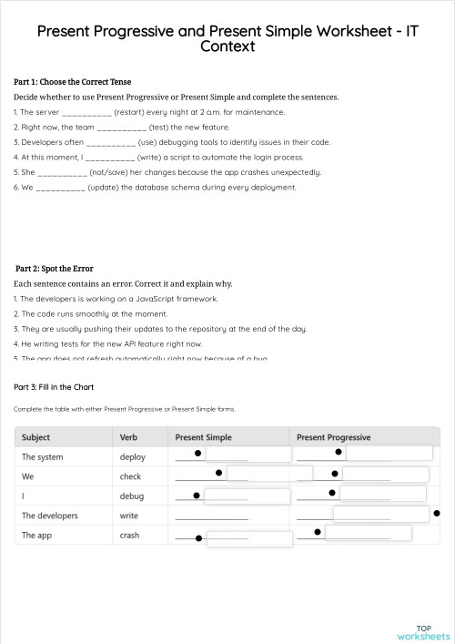 Present Progressive and Present Simple Worksheet - IT Context. Interactive worksheet | TopWorksheets