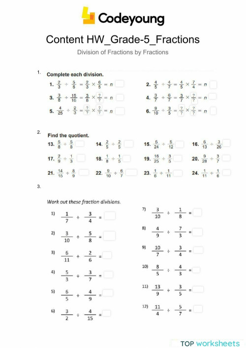 Content-HW-Division of Fractions by Fractions. Interactive worksheet | TopWorksheets
