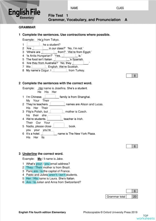 UNIT 1 TEST - ENGLISH FILE ELEMENTARY. Interactive worksheet ...