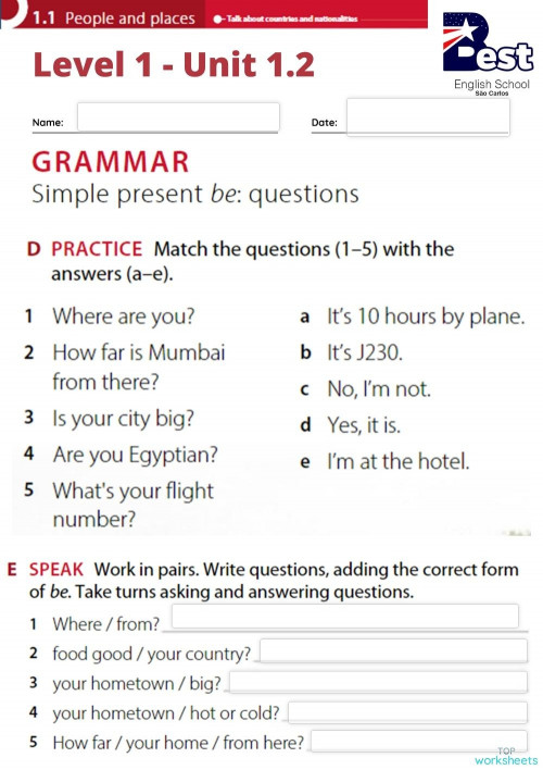 Level 1 - Unit 1.2 - Grammar 3. Interactive worksheet | TopWorksheets