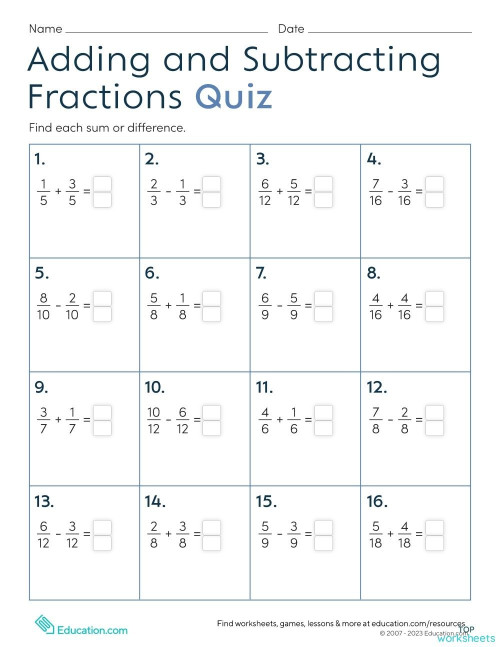 Adding and Subtracting Fractions. Interactive worksheet | TopWorksheets
