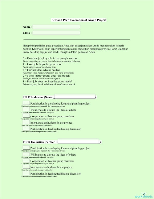 Self evaluation and Group Assessment. Interactive worksheet | TopWorksheets