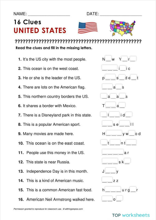 USA Clues. Interactive worksheet | TopWorksheets