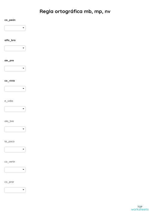 Regla ortográfica mb, mp, nv. Ficha interactiva | TopWorksheets