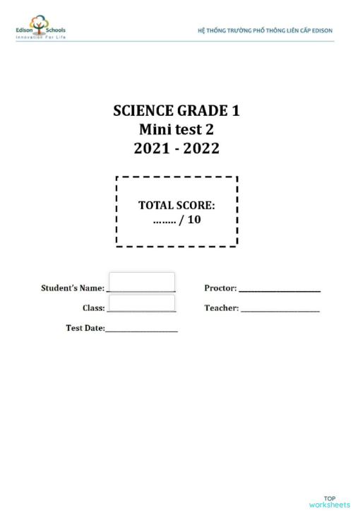 Science 1 - Mini test 2. Interactive worksheet | TopWorksheets
