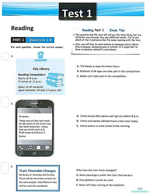 TEST 1 - KET SUCCEED - READING. Interactive worksheet | TopWorksheets