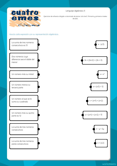 Lenguaje algebraico 3. Ficha interactiva | TopWorksheets