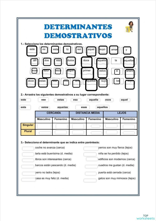 Determinantes demostrativos. Ficha interactiva | TopWorksheets