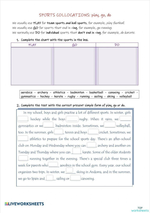 HW 18/3 - Sports Collocations: Play, Go, Do. Interactive worksheet ...