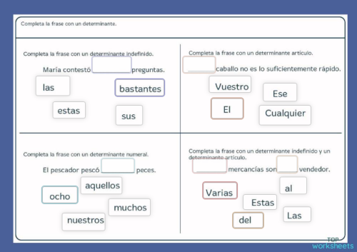 Completar con determinantes. Ficha interactiva | TopWorksheets