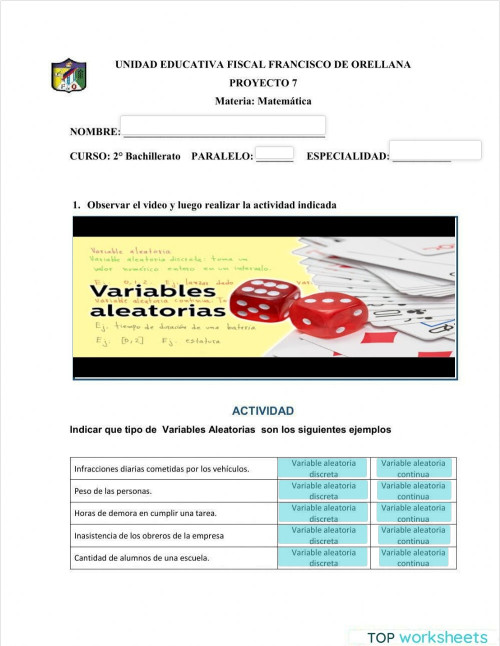 Tipos de Variables aleatorias. Ficha interactiva | TopWorksheets