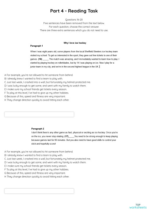 Part 4 - Reading Task. Interactive worksheet | TopWorksheets
