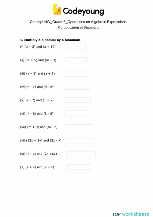 Multiplication of Binomials Concept Hw. Interactive worksheet ...