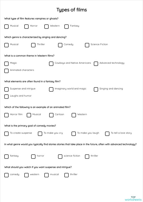 Types of films. Interactive worksheet | TopWorksheets