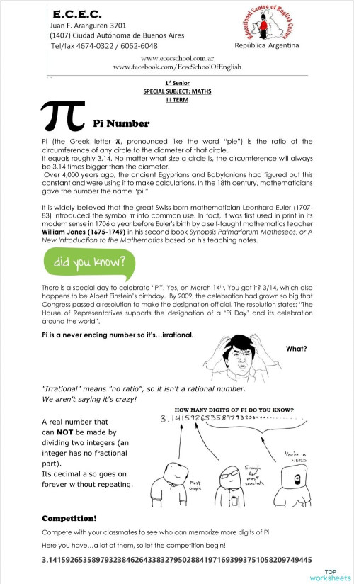 SS III Term Maths Pi number. Interactive worksheet | TopWorksheets