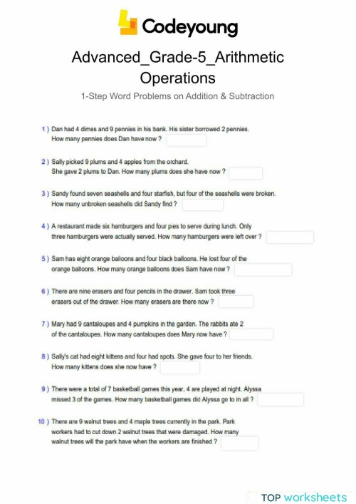 Advanced-1-Step Word Problems on Addition & Subtraction. Interactive ...